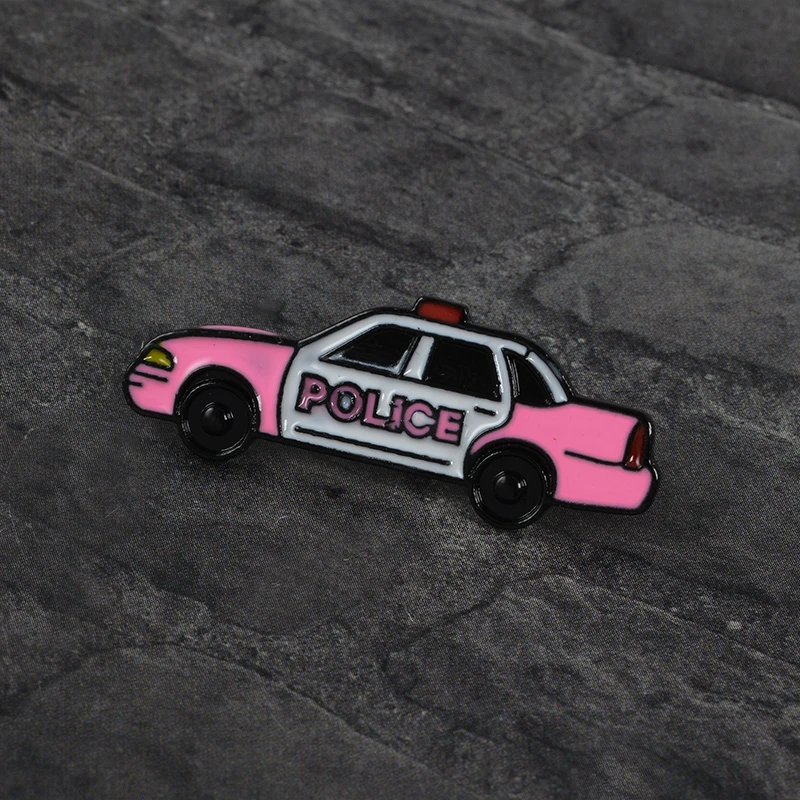Pink Car Brooch For Policeman Cartoon Car Soft Enamel Pin Police Badge
