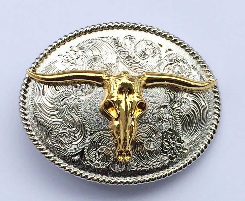 Oval Western Cowboy Belt Buckle Golden&Sliver Texas Longhorns Bull Buckles