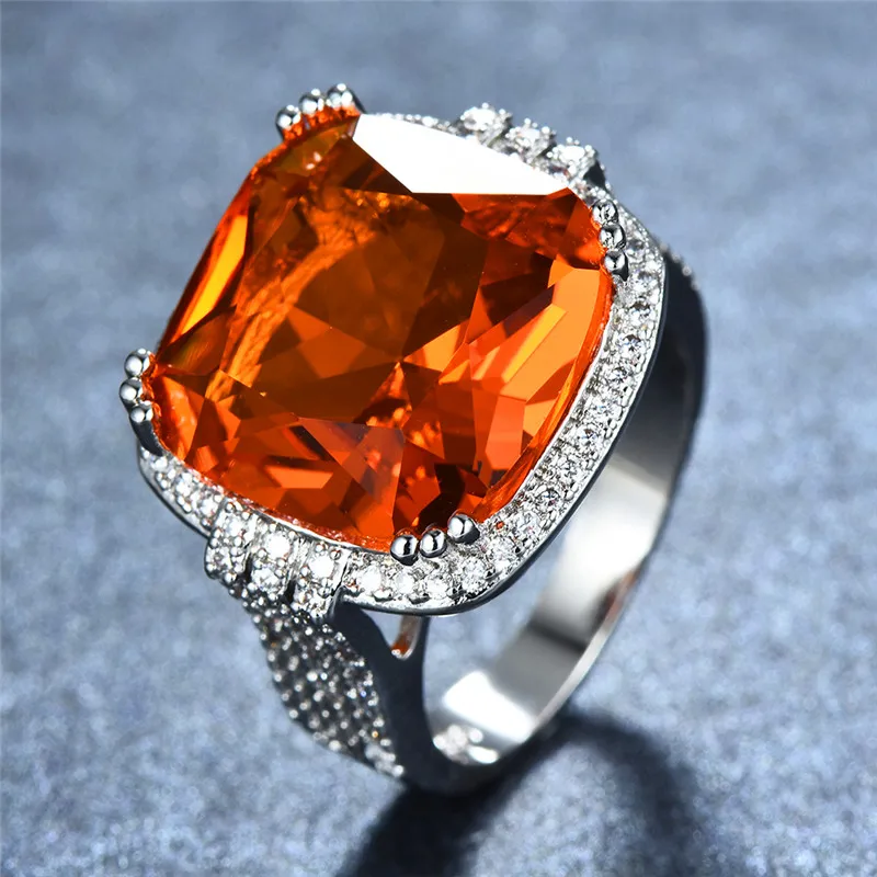 Luxury Female Big Orange Stone Ring Vintage Silver Color Geometric ...