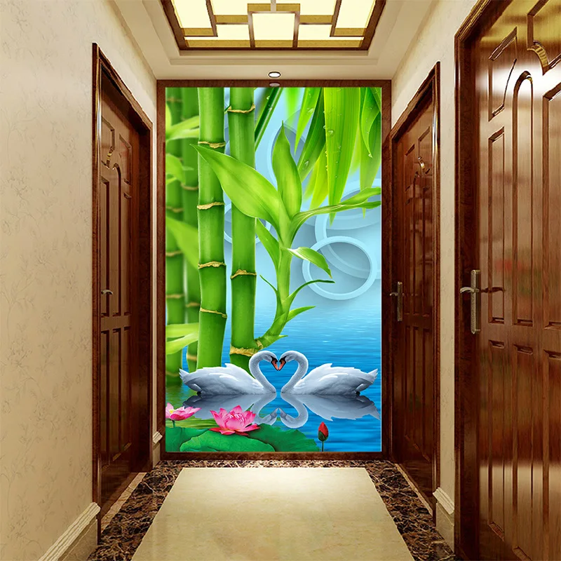 Customized 3D mural wallpaper medium-size oil painting with bamboo swan ...