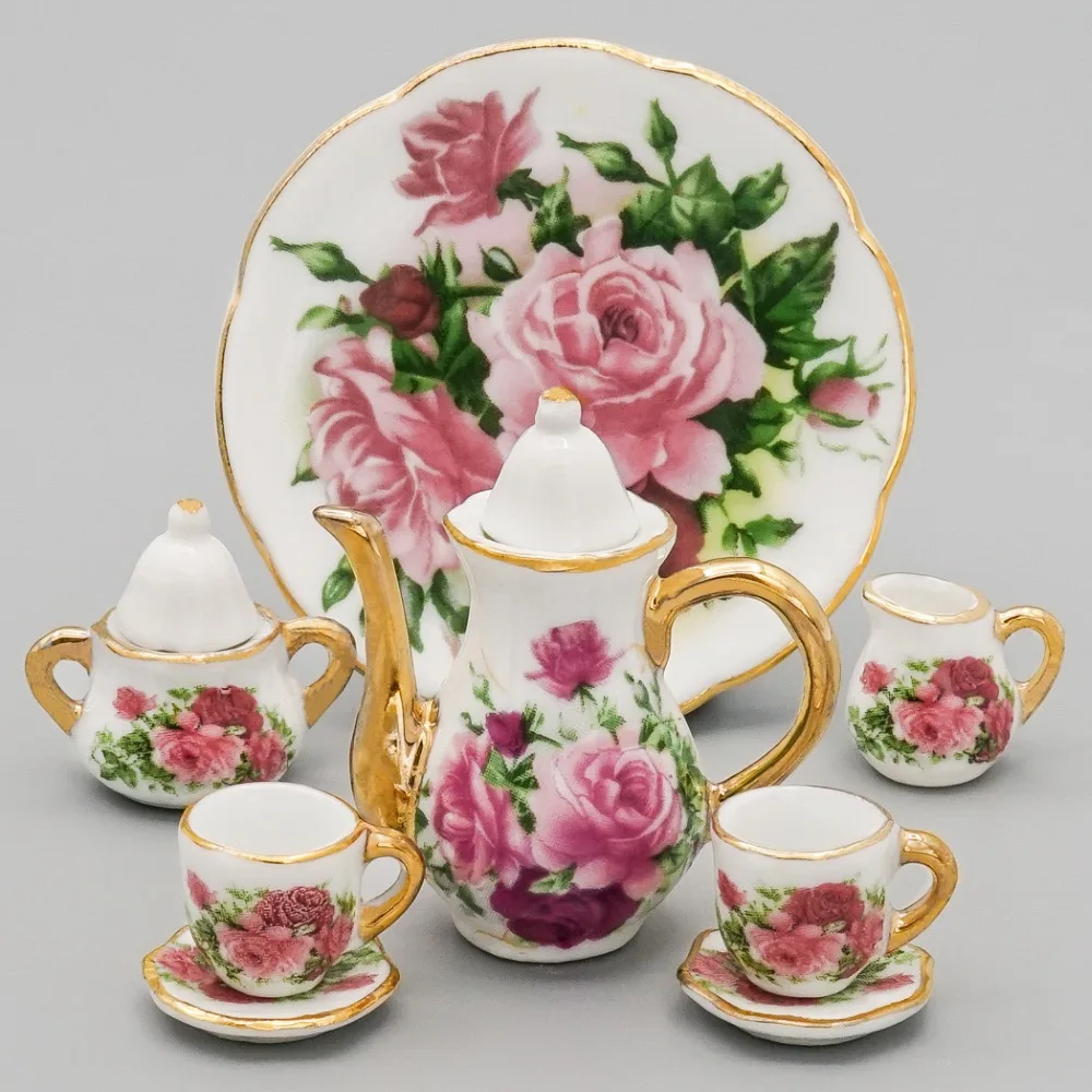 Odoria 1:12 Miniature 8/17PCS Porcelain Rose Tea Cup Set Ceramic ...
