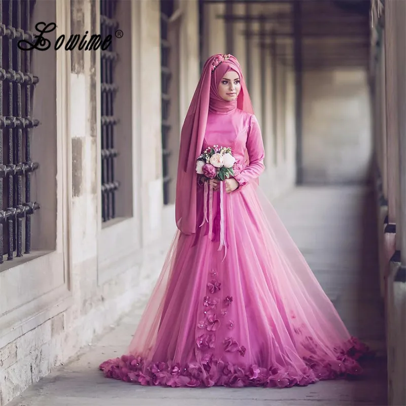 Muslim Pink Long Sleeve Wedding Dresses Turkey 2017 Floral Islamic ...