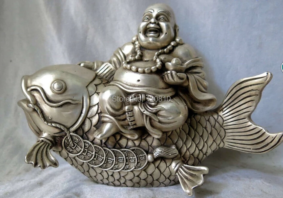 Estatua de Buda feliz en forma de pez zhaorui6600031 + + 8 "China plata ...