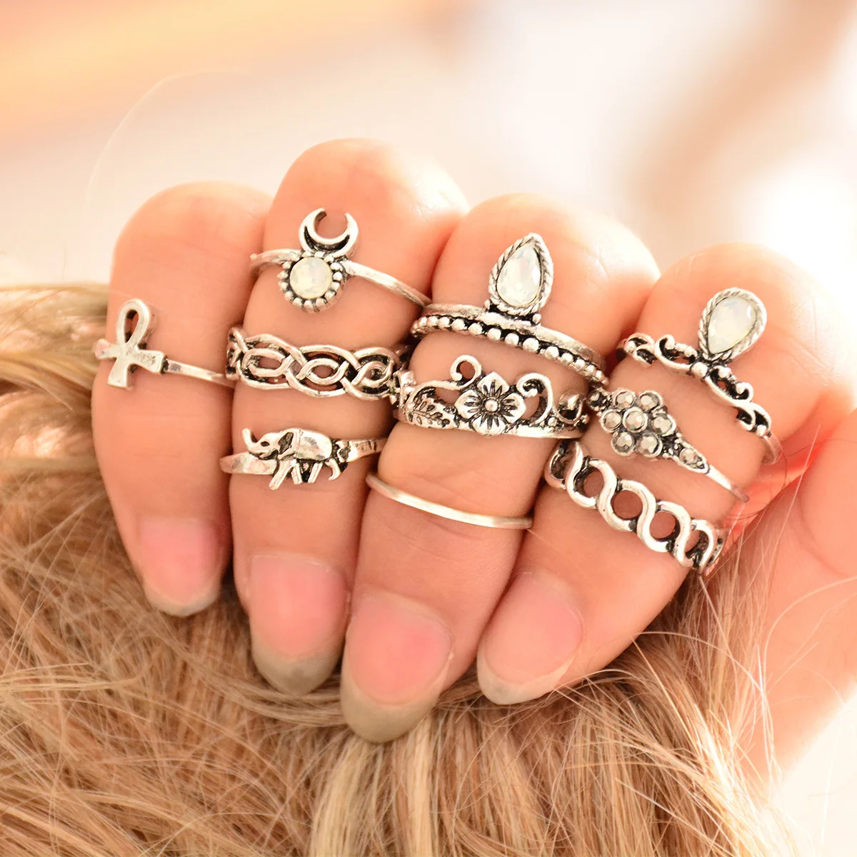 10pcs/Set Vintage Punk Ring Set Hollow Antique Silver Plated Rings ...