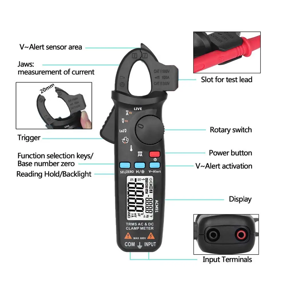 Multimeter AC/DC Current Digital Clamp Meter - 100A 6000-Counts Low ...