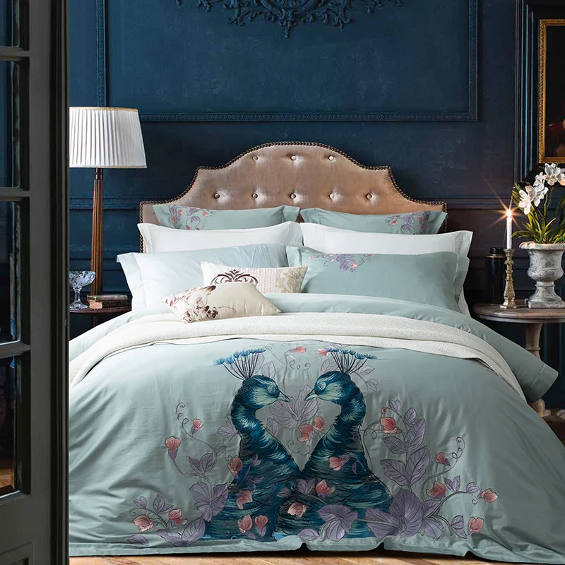 60s Egyptian Cotton Luxury Peacock Flowers Embroidery Blue Bedding Set