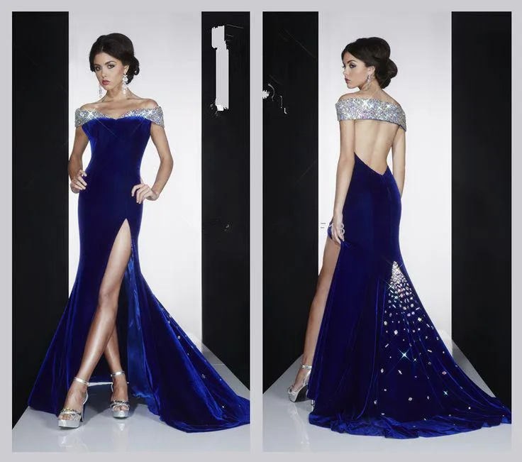 Navy Blue Velvet Prom Dress Sexy Sweetheart Neckline Backless Evening Gowns Off Shoulder Crystal