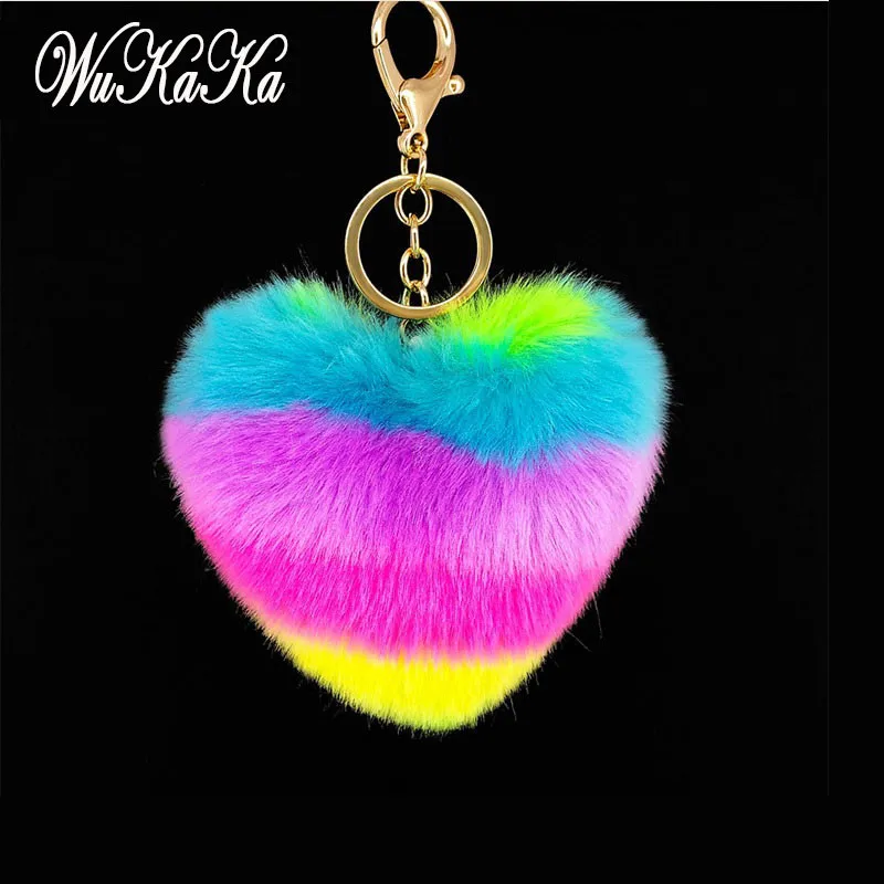 Fashion-Fluffy-Puff-Ball-Lovely-Colorful-Heart-Pompom-Keychain-car ...
