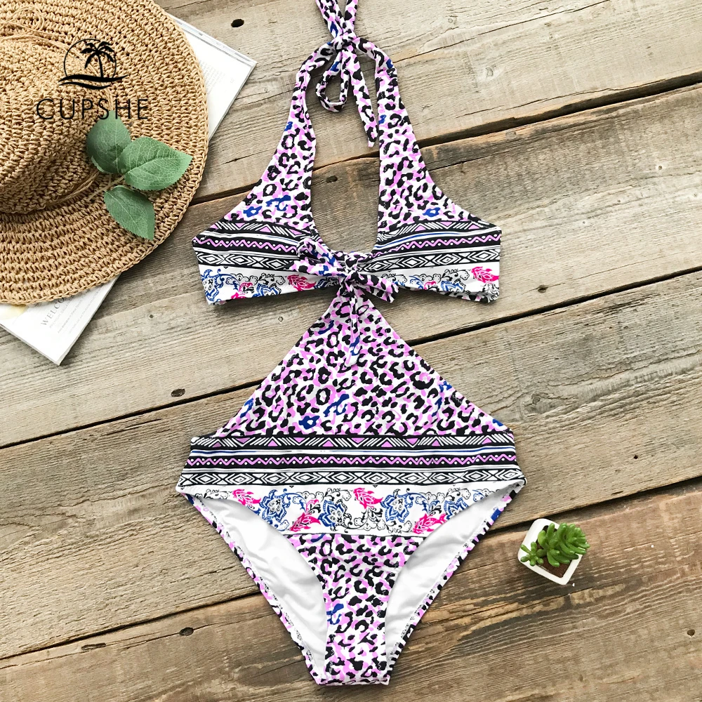 Cupshe Leopard Print Halter One Piece Swimwear Women Tied Bow Cutout