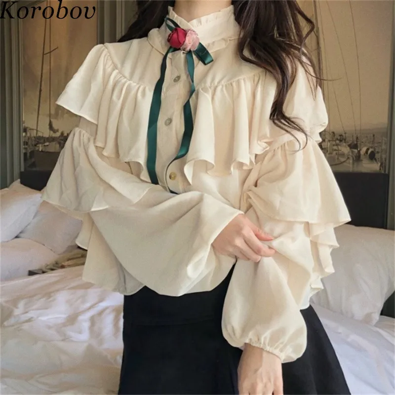Korobov Korean Casual Ruffles Women Shirts Stand Collor Sweet Girl