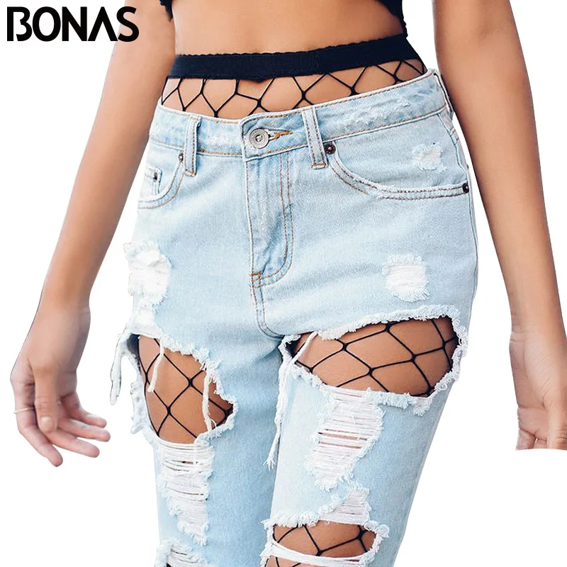 Bonas Black Big Mesh Tights Summer Fashion Nylon Pantyhose Womens