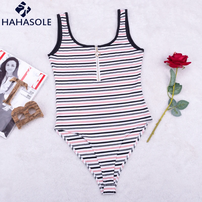 HAHASOLE Sexy Striped Swimwear One Piece Swimsuit Female Bodysuit ...