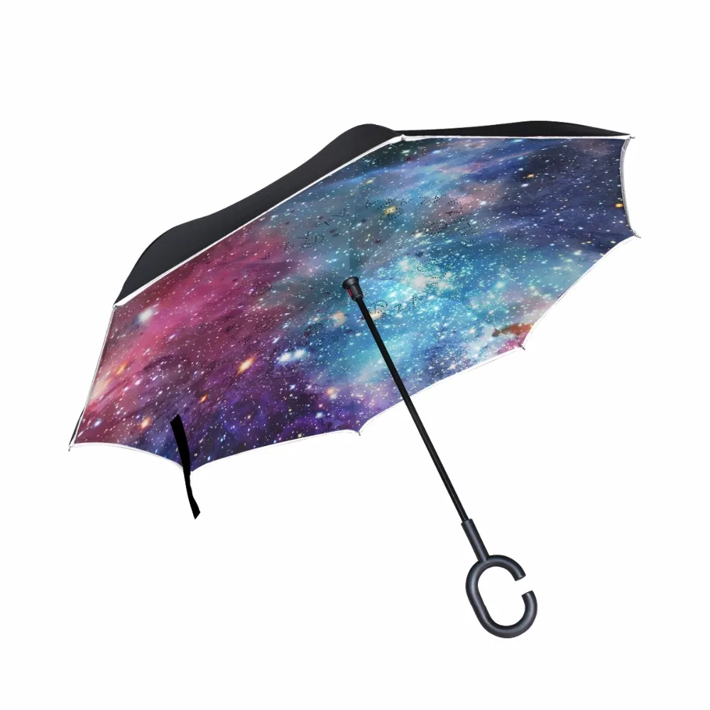 Inverted Umbrella Double Layer Women Rain Galaxy Space Reverse Umbrella ...