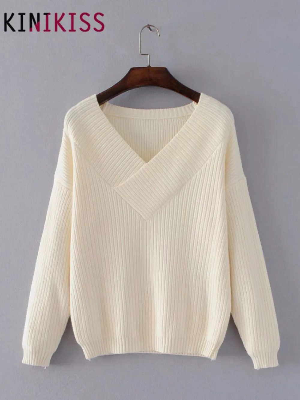 Kinikiss 2017 new autumn solid color V neck cross knitting winter ...