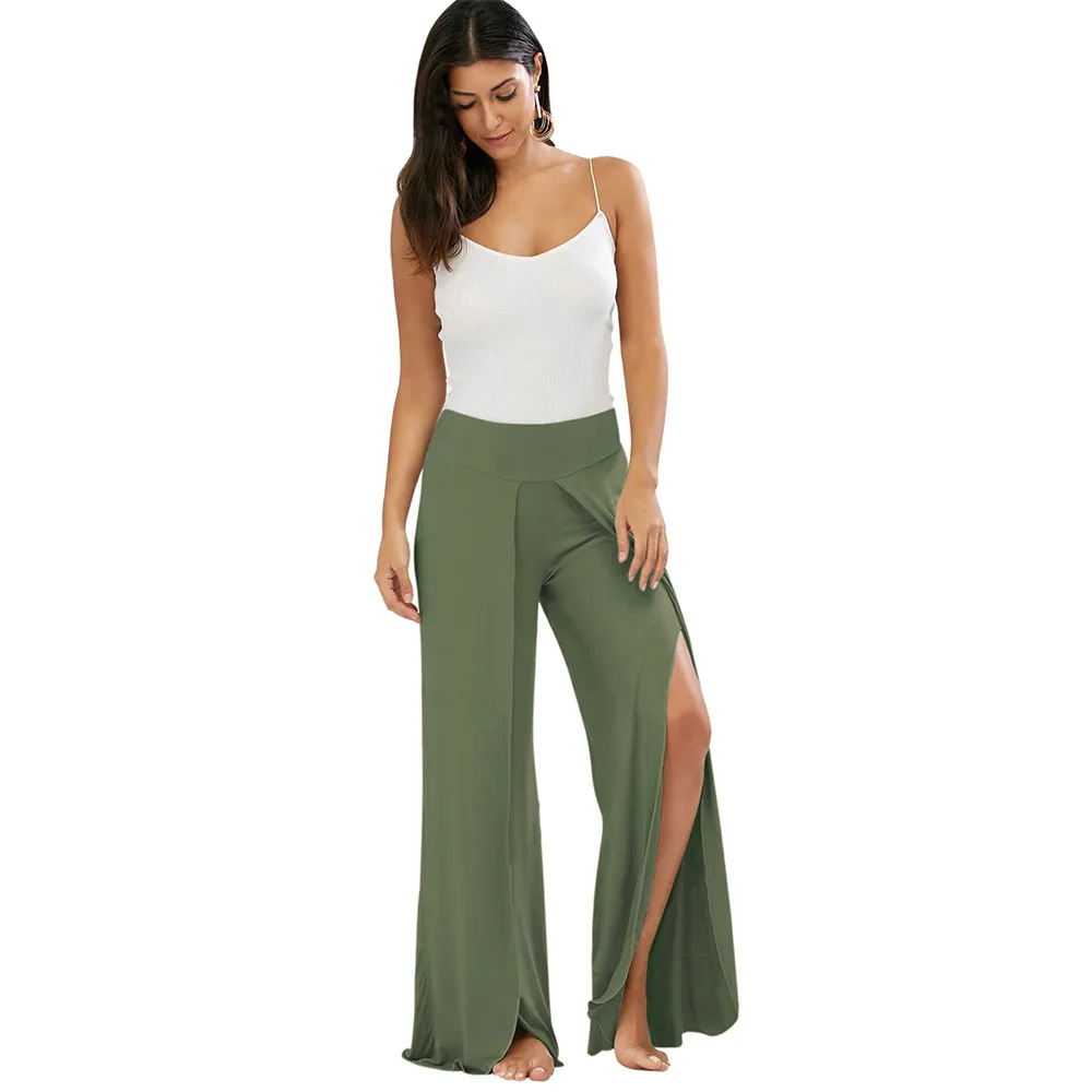 Aletterhin Ruffles Loose Flare Slit Pants Women Solid Boot Cut Trousers ...