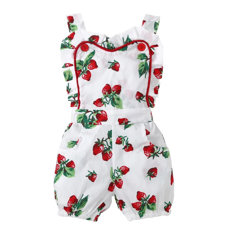 Ins Baby Cherry Strawberry Overalls Ruffle Trim Cross Back Girls Summer ...