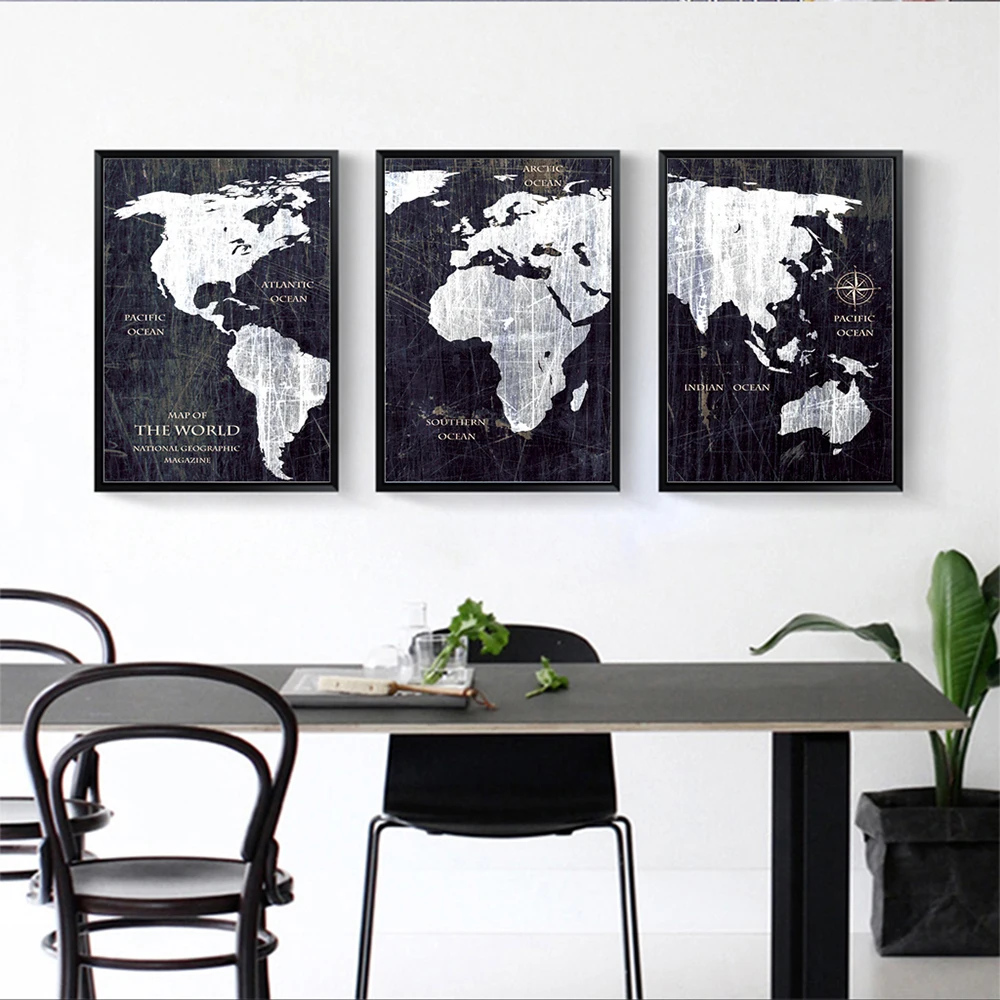 Arte de pared de mapa del mundo, pintura en lienzo Vintage, póster ...
