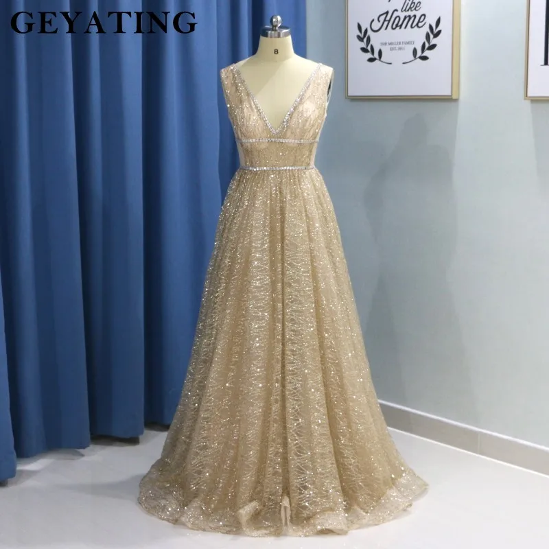 Sparkly Champagne Gold Long Prom Dresses Crystal Beaded Party Gowns