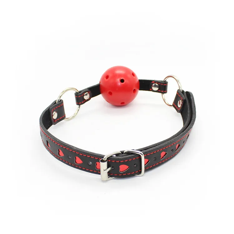 PU Leather Red Heart Band Hollow Ball Mouth Gag With Oral Fixation ...