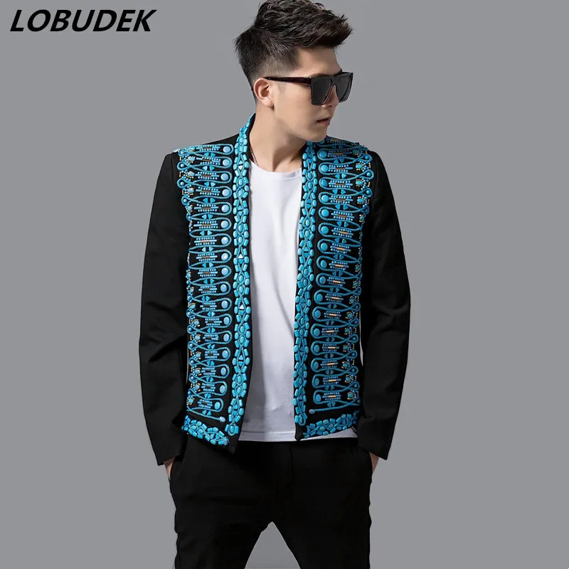 Tide Male Jacket Handmade Blue Rhinestones Coats High-end Foreign Trade ...