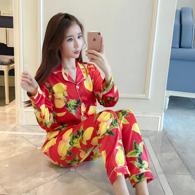 2018 New Spring Womens Pajamas Faux Silk Sexy Pijama Sets Mujer Lemon