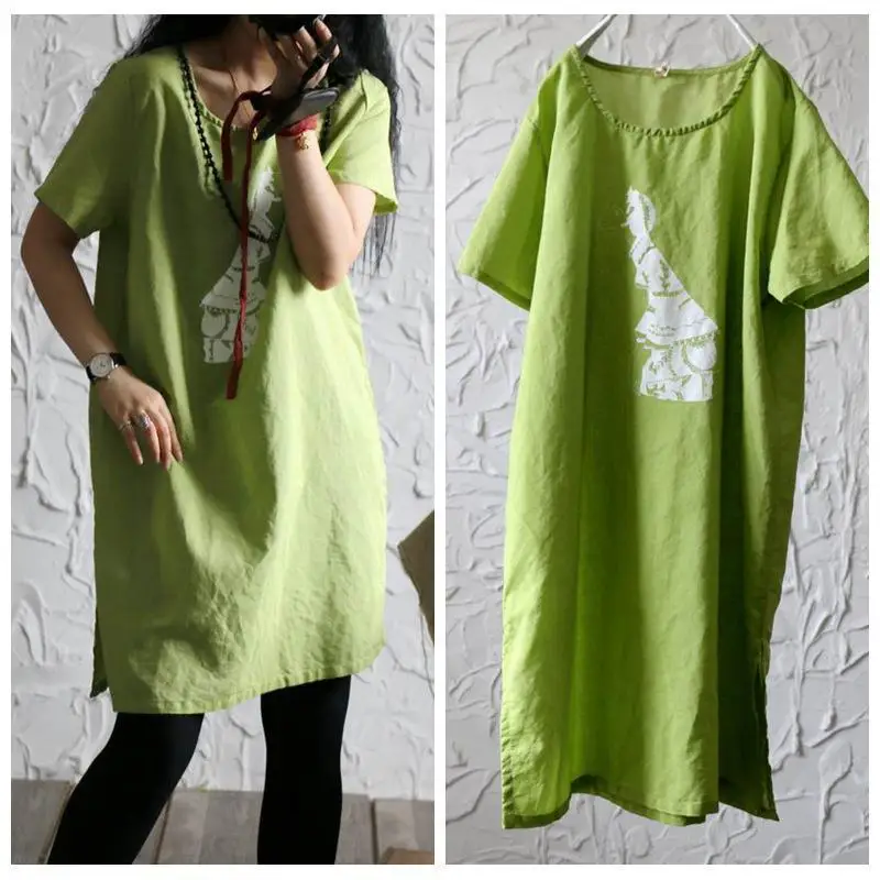 Vestido informal de manga corta para mujer, traje holgado de lino y algodón con abertura y ...