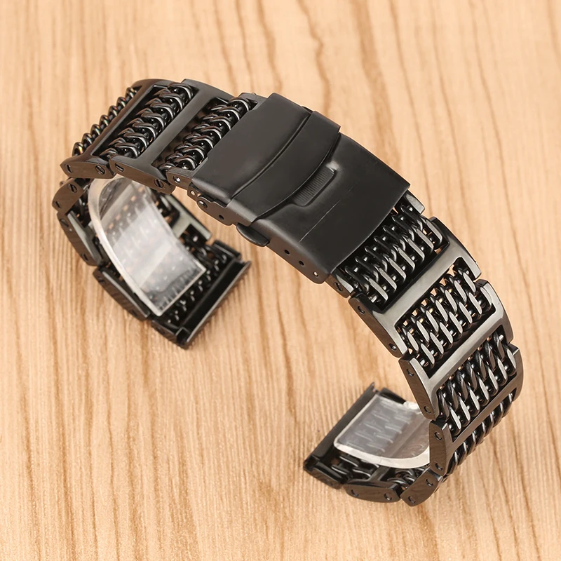 Silver/Black 20/22/24mm Adjustable Men Stainless Steel Watch Band ...