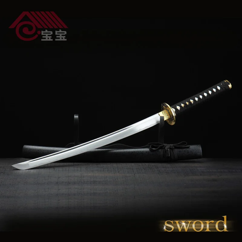 Japanese steel samurai sword ninja sword straight blade sharp black ...