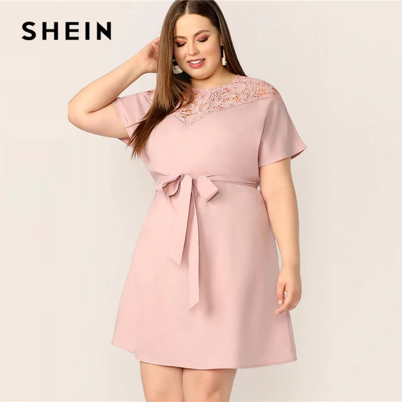 SHEIN Plus Size Pink Guipure Lace Yoke Belted Dress Women Summer SHEIN Plus Size Pink Guipure Lace Yoke Belted Dress Women Summer