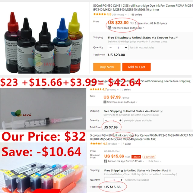 Refill Ink For Canon PIXMA IP7240 MG5440 MG5540 MG6440 MG6640 MG5640 ...