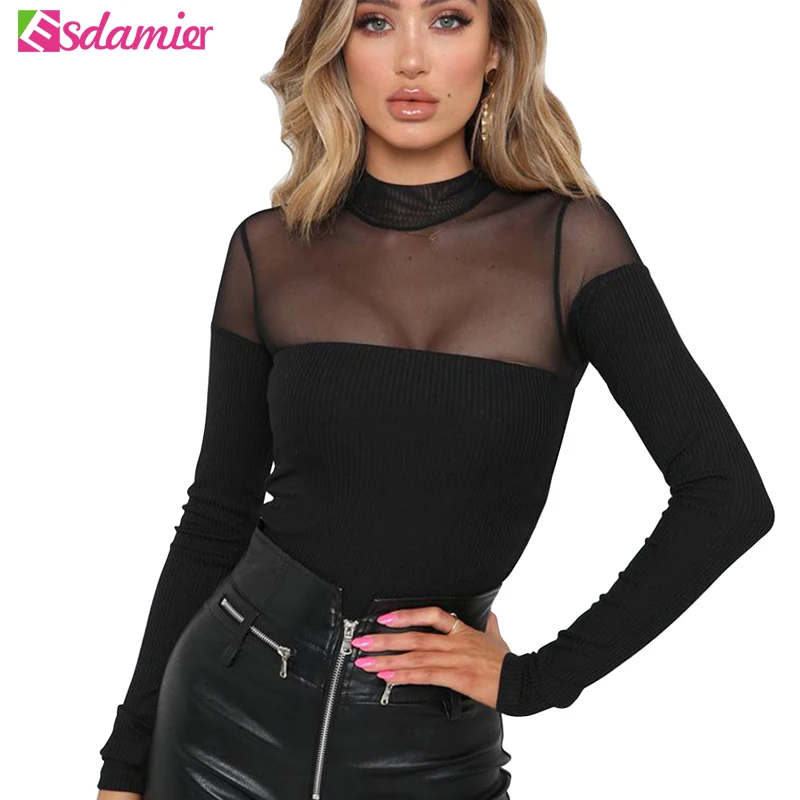 Esdamier Mock Neck Mesh Sheer Bodysuit Women Sexy Patchwork Long Sleeve