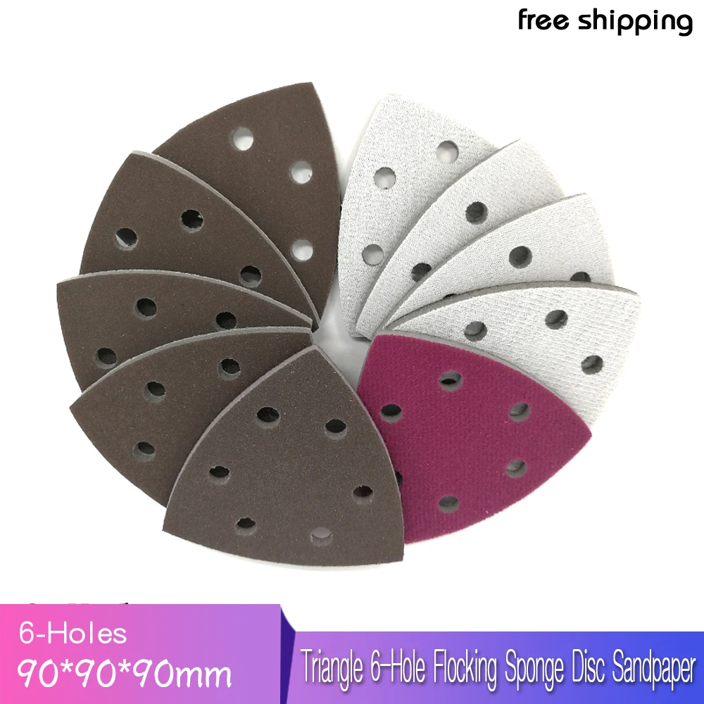 10Pcs-Triangle-6-Hole-Flocking-Sponge-Sanding-Disc-Sandpaper-Red-90-90 ...