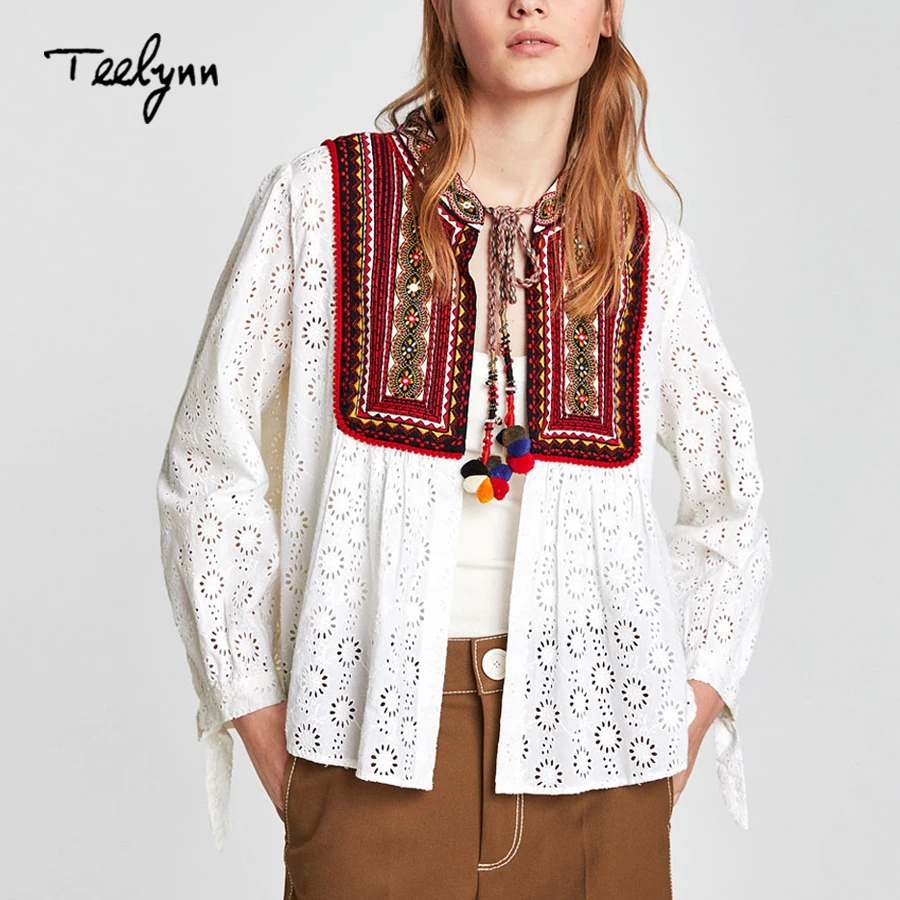 Teelynn White Boho Blouse 2018 New Cotton Hollow Floral Embroidery Top
