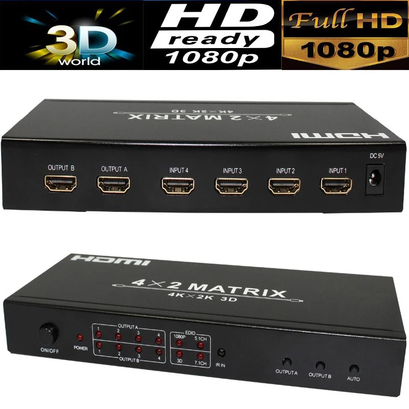 4K HDMI Matrix 4X2 HDMI Switcher Splitter 4 in 2 out HDMI 1.4V with ...