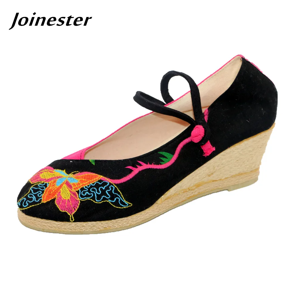 숙녀 웨지 펌프 여름 Espadrilles 하이힐 메리 제인 여성용 발목 스트랩 샌들 여성 민족 자수 캔버스 신발여성용 펌프