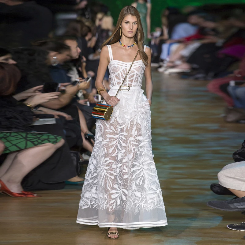 Runway Maxi White Dress 2018 Women Sexy Embroidery Lace Voile Spaghetti ...