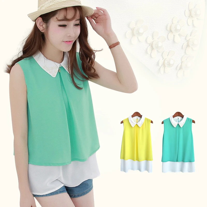 Yozi pomeloes clothing summer peter pan collar sleeveless vest faux two ...