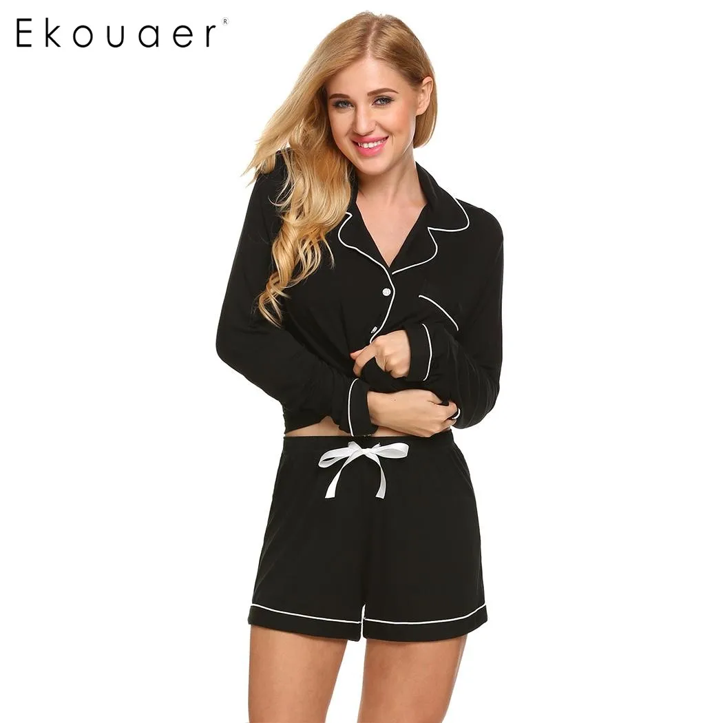 Ekouaer Boyfriend Style Sleepwear Autumn Notch Lapel Casual Loose ...