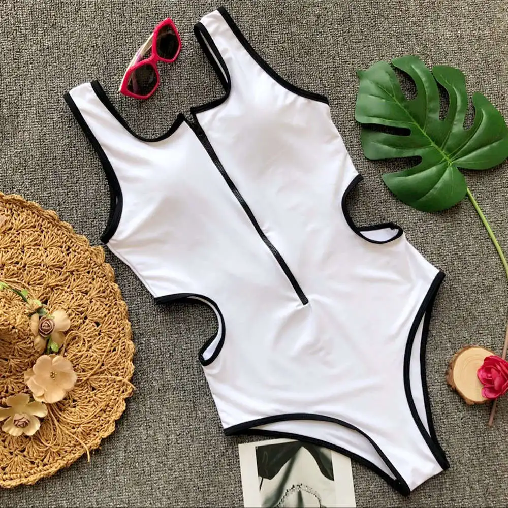 Cheap Price Zipper Bodysuits One-pieces Sexy Swimsuit Solid Swimwear ...