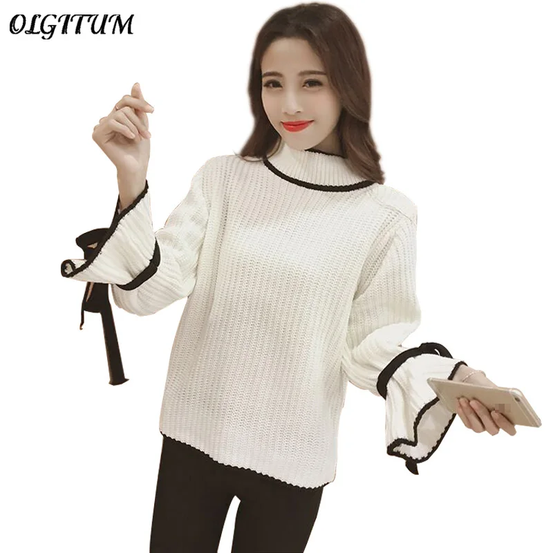 OLGITUM 2019 Spring New Style Fashion Women Sweater White Loose Cuffs ...