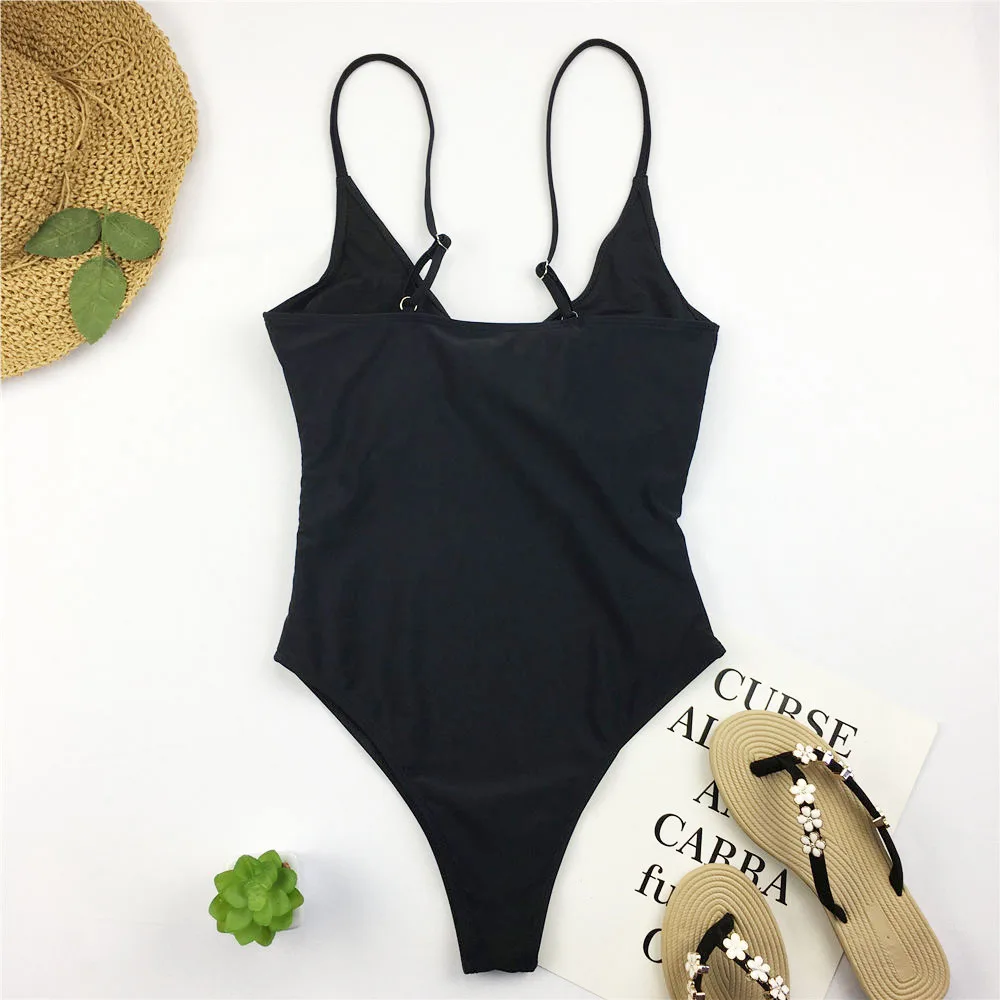 Bow One Piece Swimsuit Solid Swimwear Women Modest Monokini Open Back ...