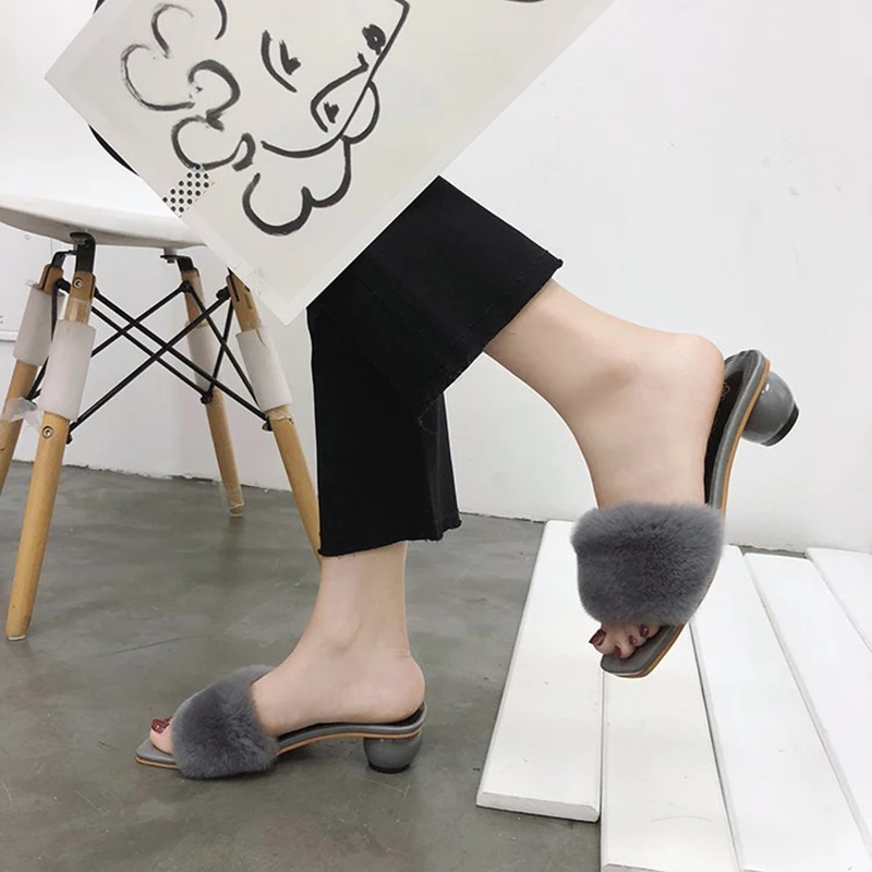 Round Heel open toe loafers furry fur slippers cozy med high heels ...