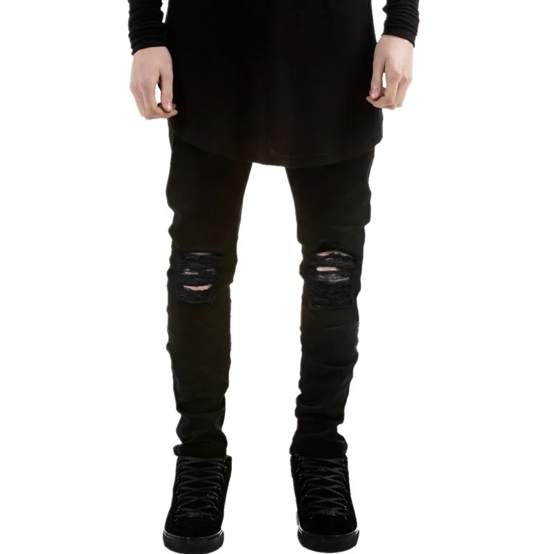 summer style Mens Destroyed Denim Jeans slim hole black strech ripped ...