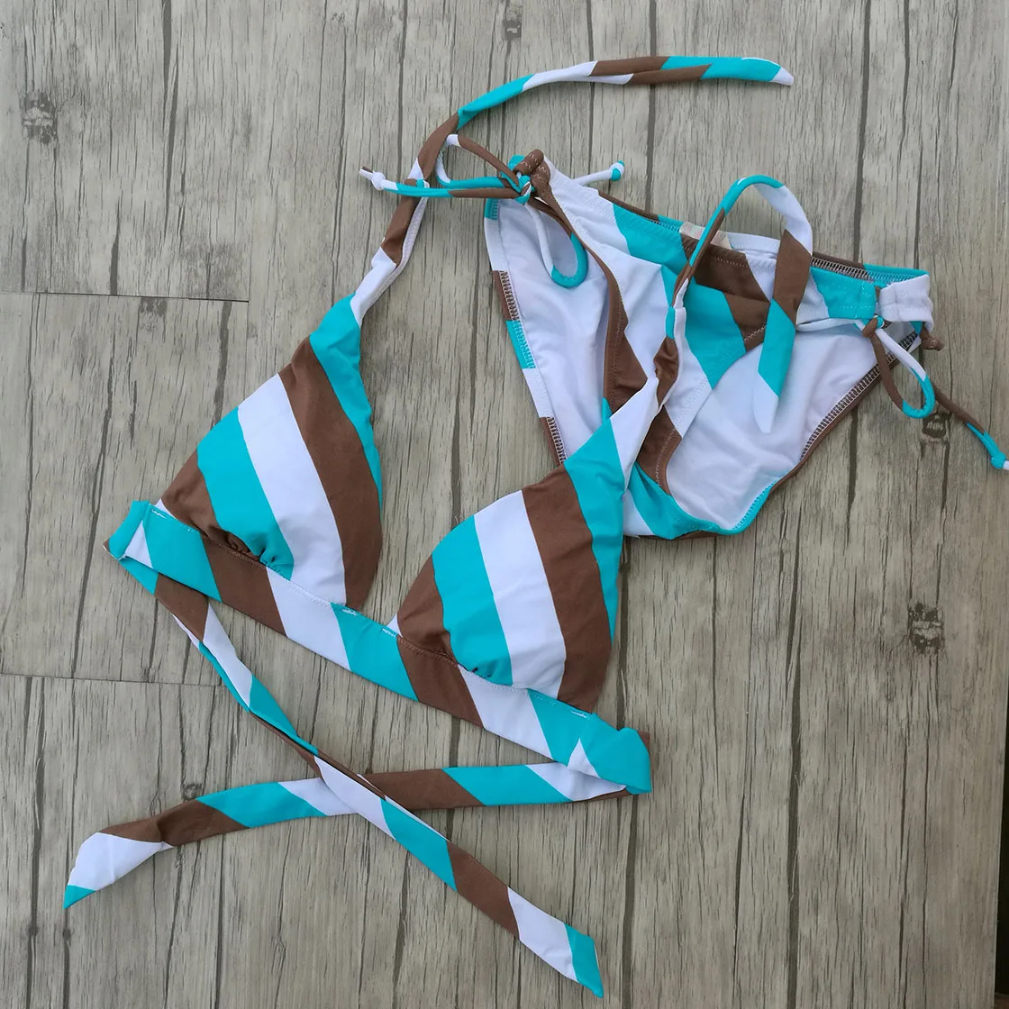 Women Triangle Blue Stripes Bikini Swimsuit Brazilian Push Up Bathing