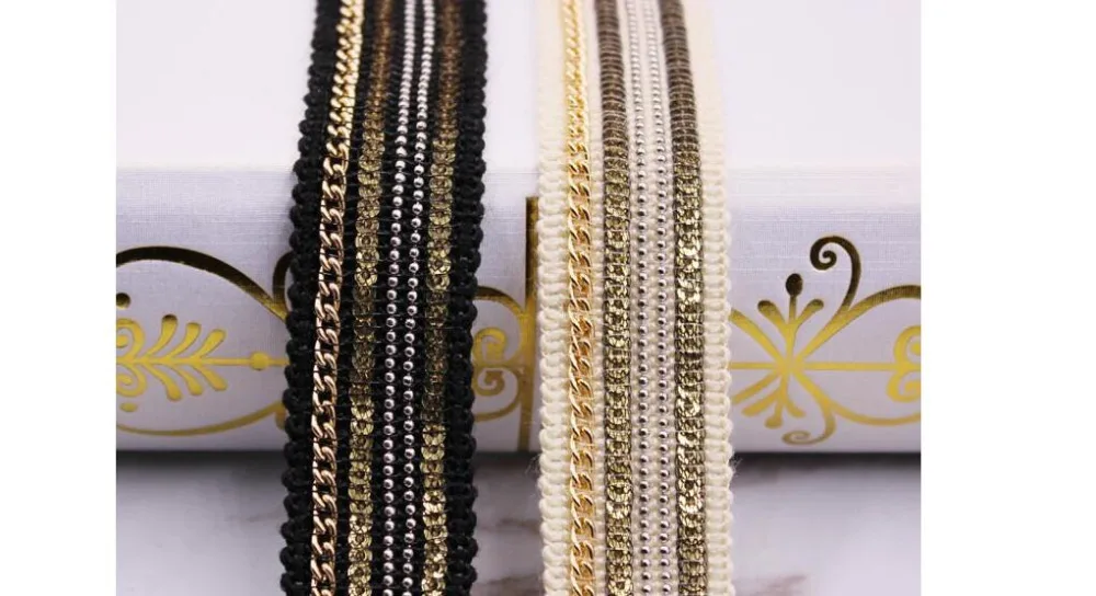 1yard Gold Silver Beaded Chain Lace Trims Ribbon Vintage Fabric ...