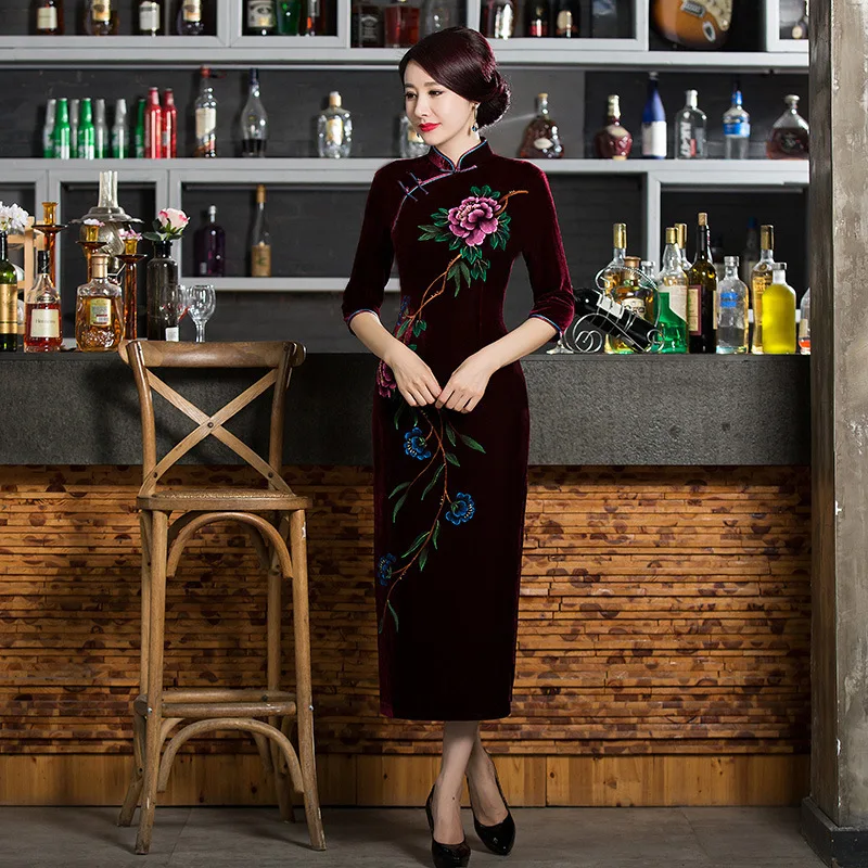 Long Woman Peony Velvet Cheongsam Dresses Formal Chinese Wedding ...