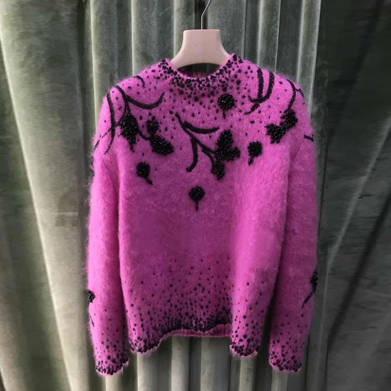 2018 Vintage Rose Mohair Sweaters And Pullover Women Floral Pattern