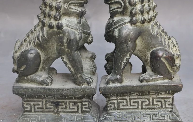 6"old china bronze fengshui Foo fu dog lion beast Evil Guardian Door ...