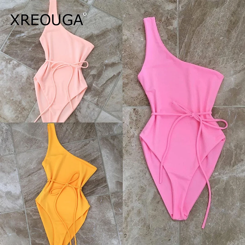 Xreouga Solid One Shouler Swimsuits Female Pink Bikini Beach One Piece