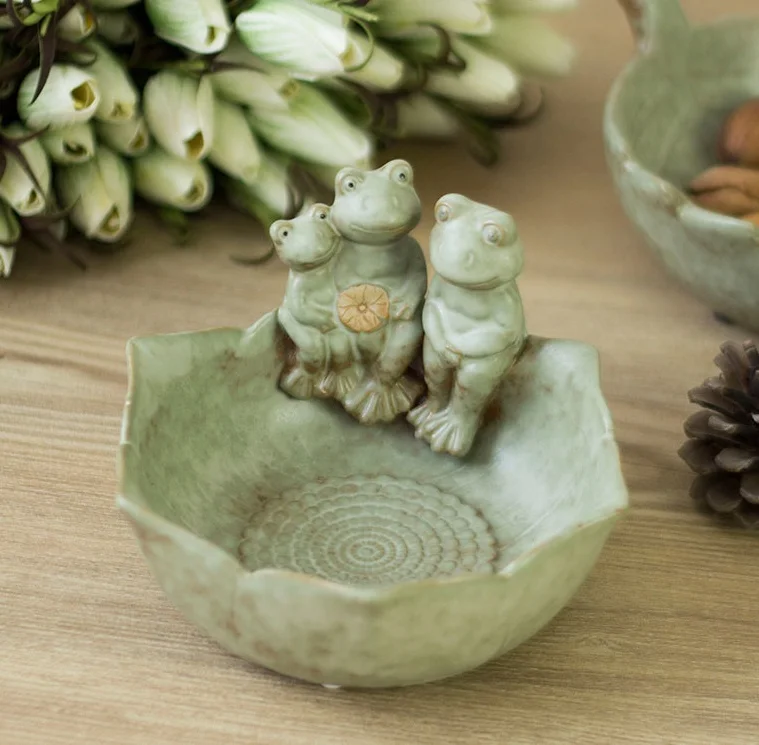 Ceramic Frog Family Figurines Fruits Bowl Decorative Porcelain Lotus ...